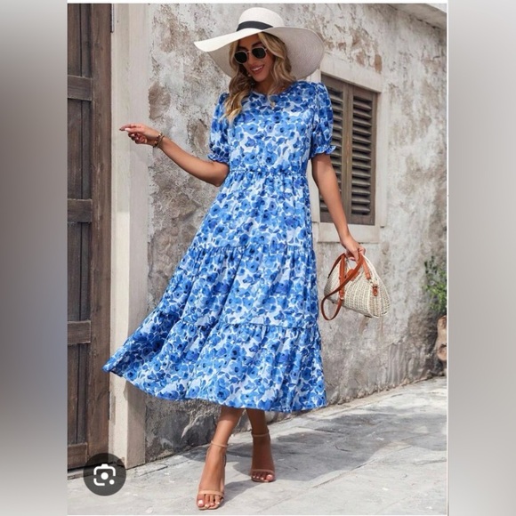 SHEIN | Dresses | Euc Shein Blue Floral Midi Dress Puff Sleeve Tiered ...